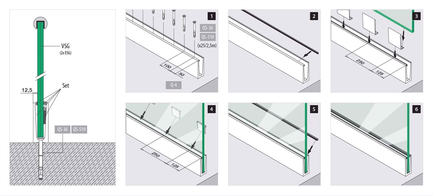 Montagebolt til beton til U-skinner til glasværn